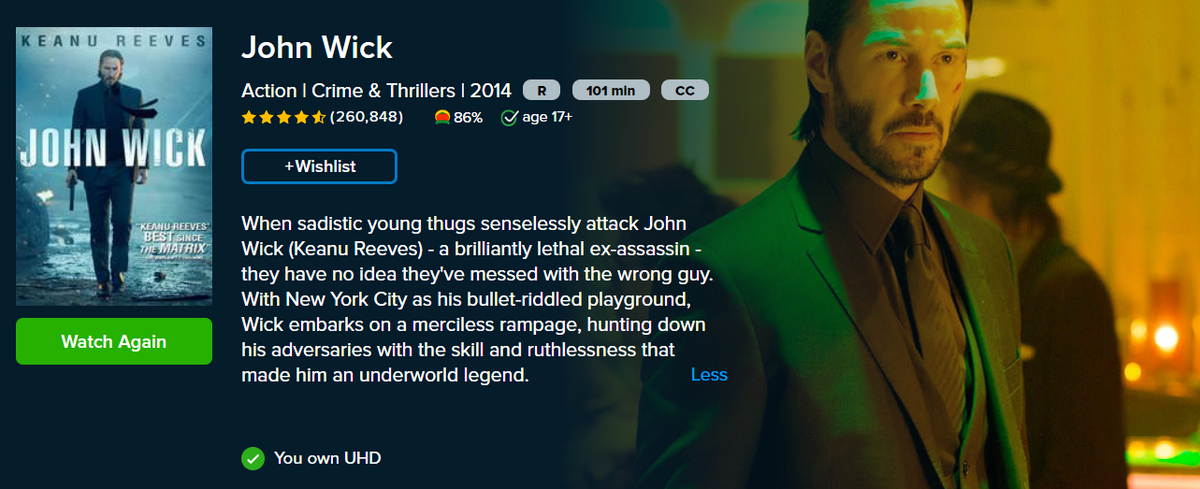 John Wick Vudu Fandango at Home 4K Digital Code (2014) – Nick's Digital Codes