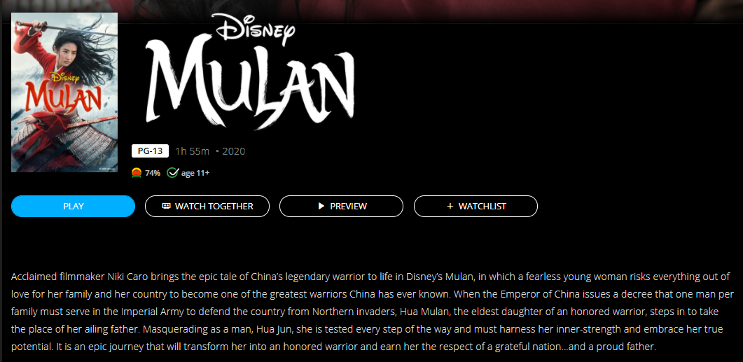 Mulan 4K Digital Code (2020 live action) (Redeems in Movies Anywhere ...