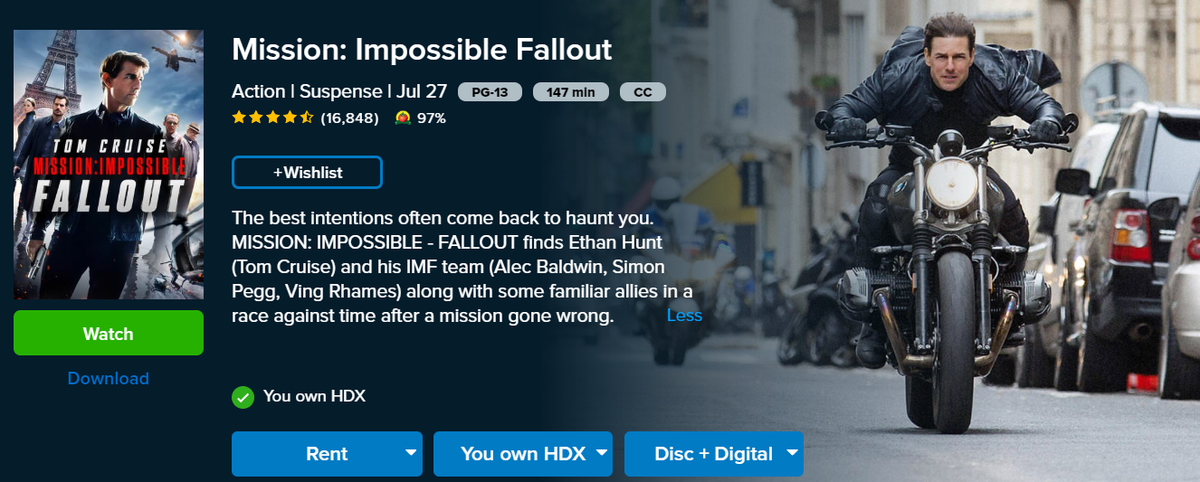 Mission: Impossible - Fallout Vudu Fandango at Home HDX Digital Code ( – Nick's Digital Codes