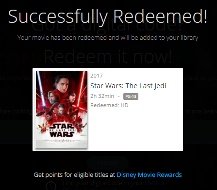 Star Wars: Episode VIII - The Last Jedi HD Digital Code (Redeems in Movies Anywhere; HDX Vudu ...