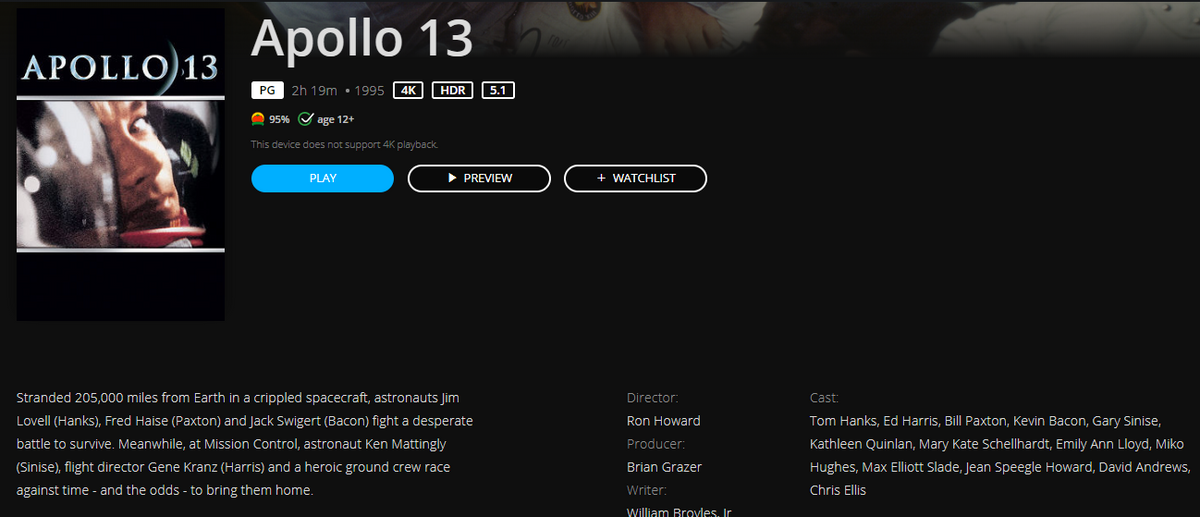 Apollo 13 4K Digital Code (1995) (Redeems in Movies Anywhere; 4K Vudu – Nick's Digital Codes