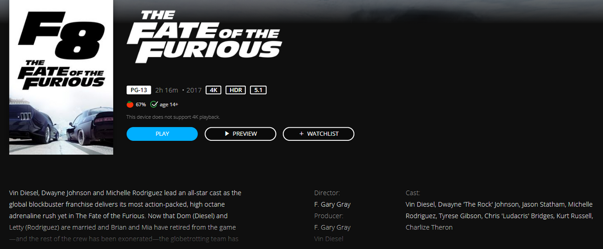 The Fate of the Furious 4K Digital Code (Theatrical Version) (Redeems in Movies Anywhere; UHD ...