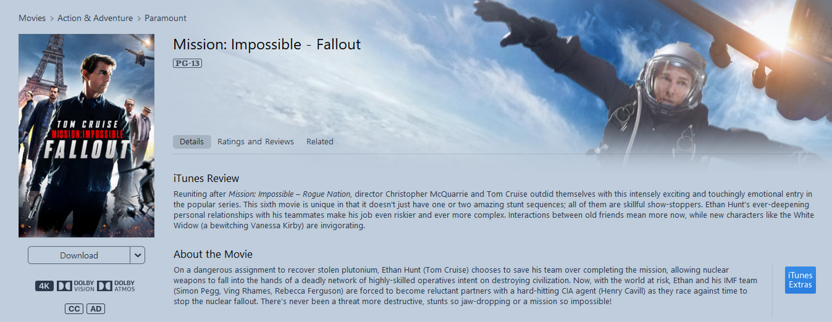 Mission: Impossible - Fallout iTunes Apple TV 4K Digital Code (2018) – Nick's Digital Codes
