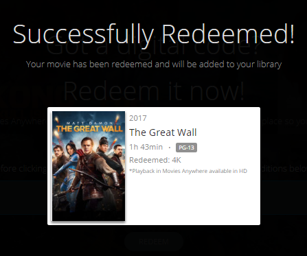 The Great Wall 4K Digital Code (2017) (Redeems in Movies Anywhere; 4K ...