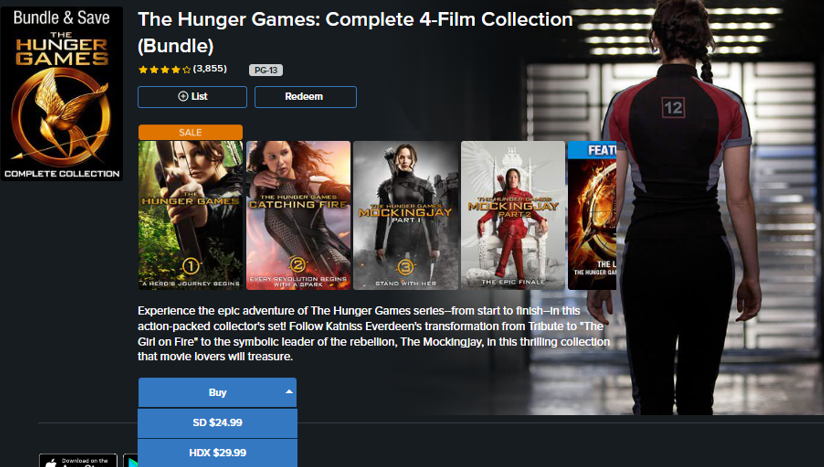 The Hunger Games 4-Movie Collection Vudu Fandango at Home SD Digital C ...