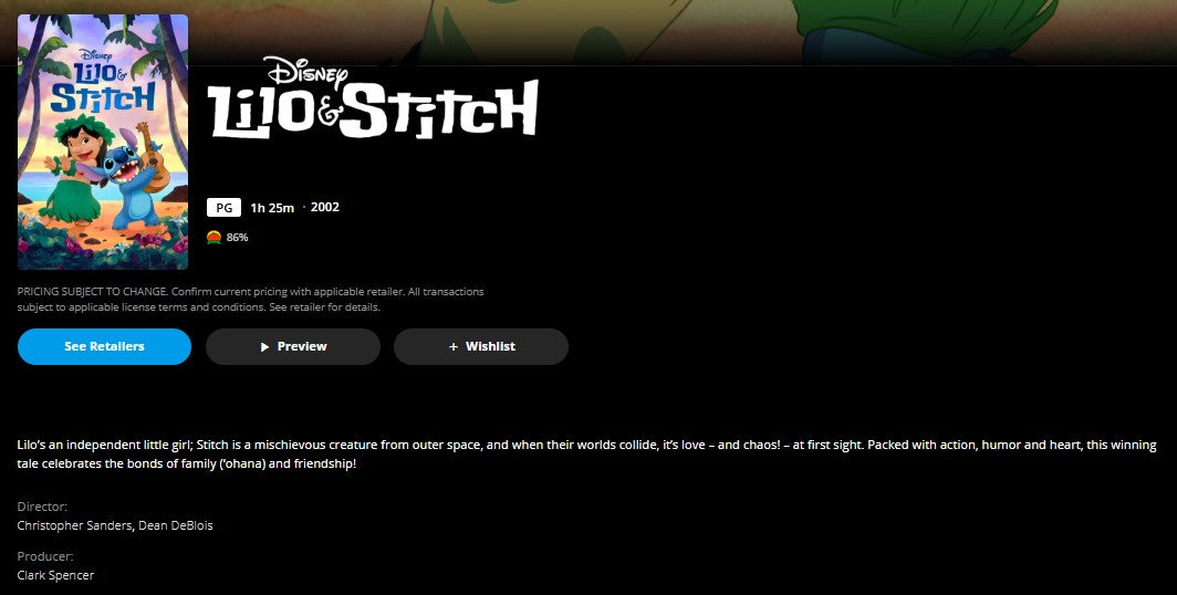 Lilo & Stitch HD Digital Code (2002) (Redeems in Movies Anywhere; HDX ...