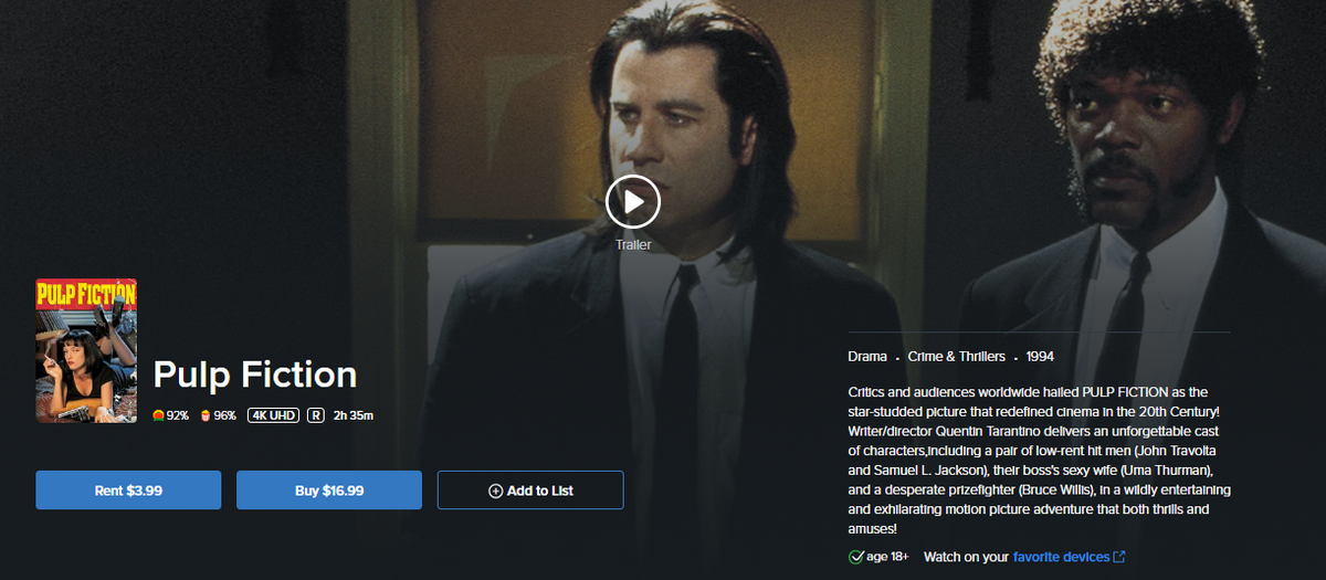 Pulp Fiction Vudu Fandango at Home Digital 4K Digital Code (1994 ...