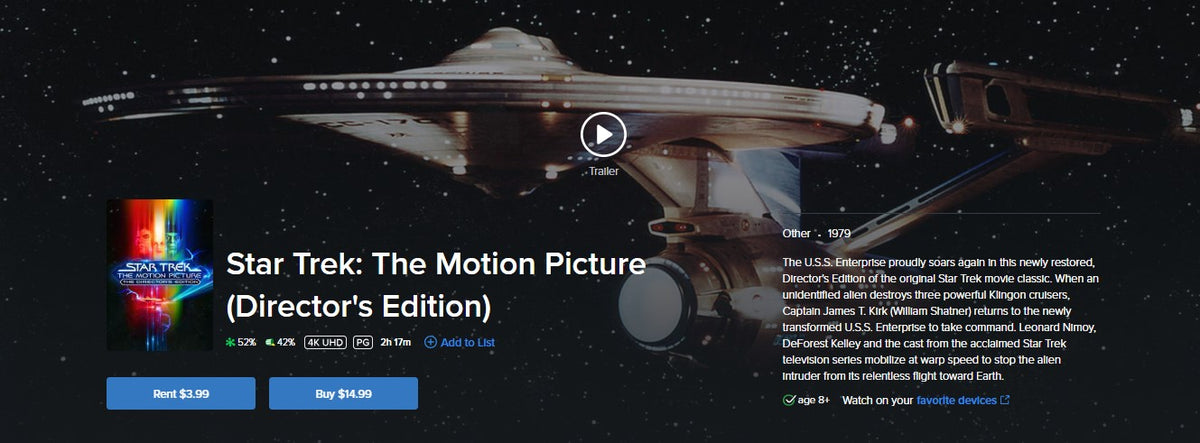 Star Trek: The Motion Picture Director's Edition Vudu Fandango at Home ...
