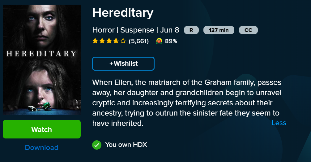 Hereditary Vudu Fandango at Home HDX Digital Code (2018) – Nick's ...