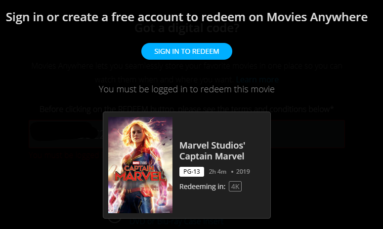 Captain Marvel 4K Digital Code (2019) (Redeems in Movies Anywhere; 4K ...