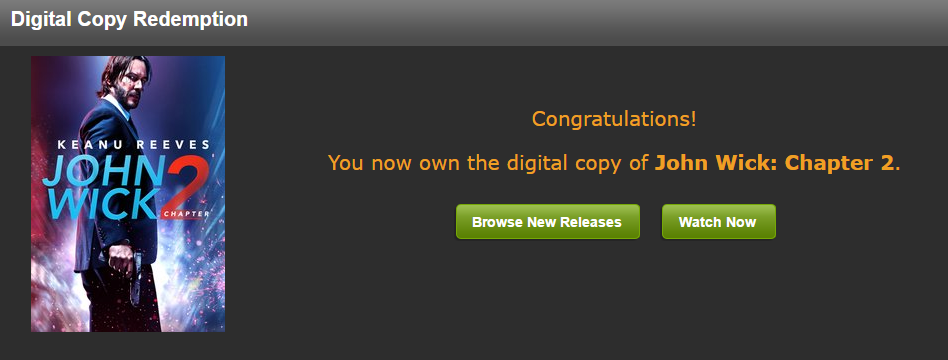 John Wick: Chapter 2 Vudu Fandango at Home HDX Digital Code (2017 ...