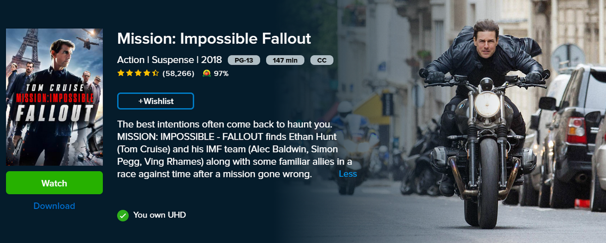 Mission: Impossible - Fallout Vudu Fandango at Home Digital 4K Code (2 ...