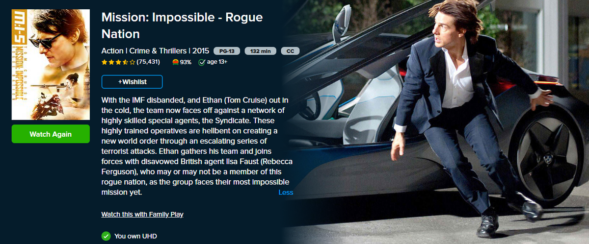 Mission: Impossible - Rogue Nation Vudu Fandango at Home 4K Digital Co ...