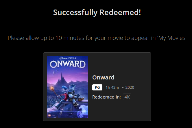 Onward 4K Digital Code (2020) (Redeems in Movies Anywhere; 4K Vudu Fan ...