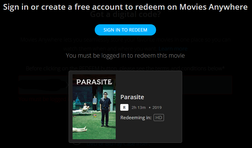 Parasite HD Digital Code (2019) (Redeems in Movies Anywhere; HDX Vudu ...