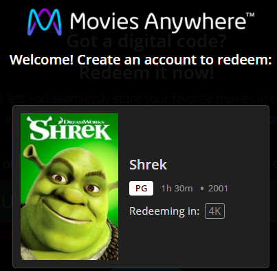 Shrek 4K Digital Code (2001) (Redeems in Movies Anywhere; 4K Vudu Fand ...