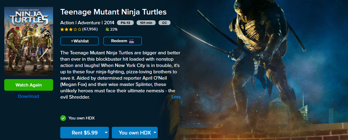 Teenage Mutant Ninja Turtles Vudu Fandango at Home HDX Digital Code (2 – Nick's Digital Codes