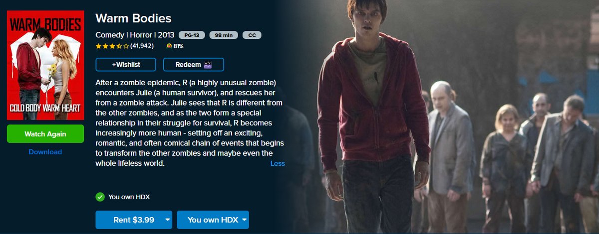 Warm Bodies Vudu Fandango at Home HDX Digital Code (2013) – Nick's ...